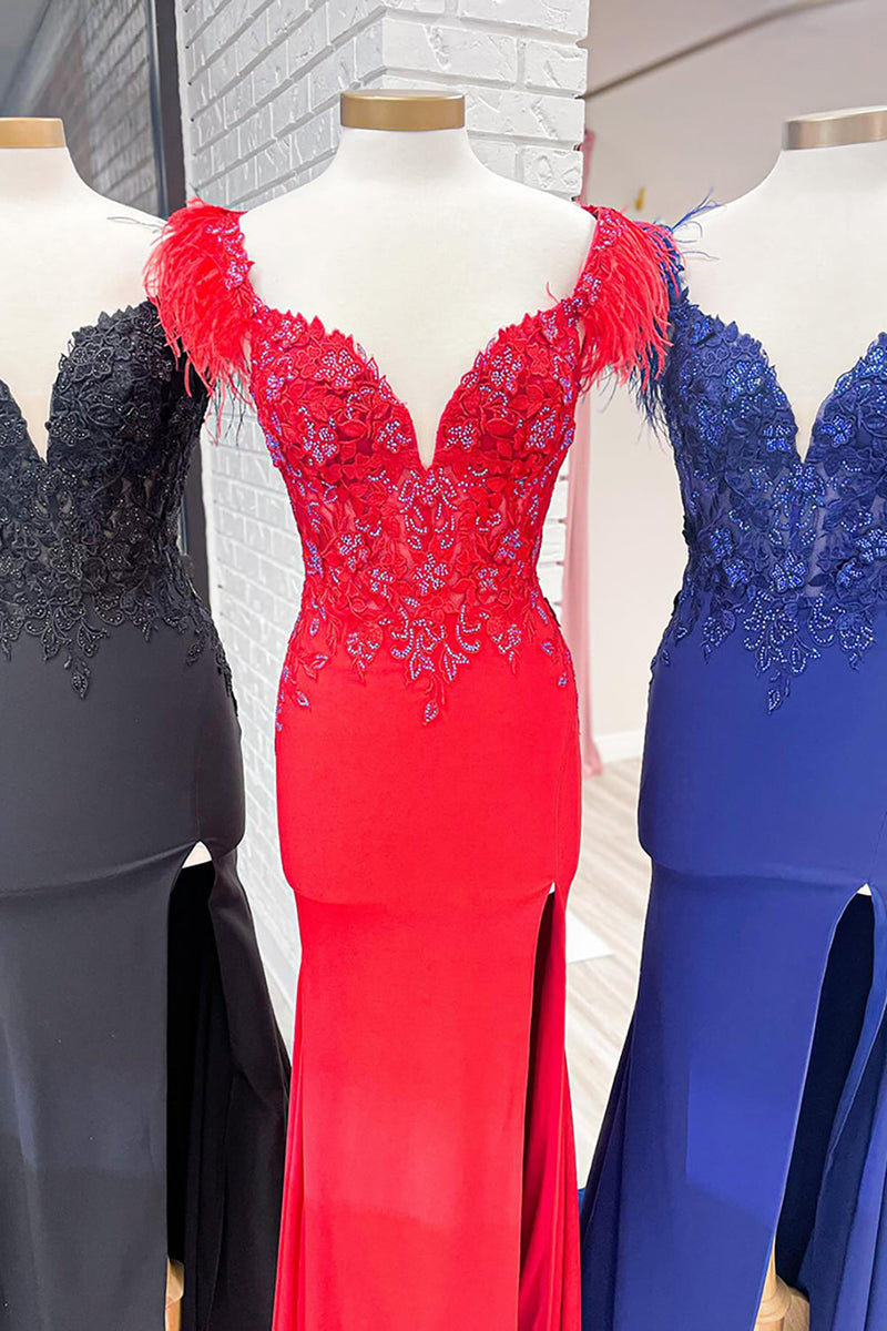 Queendancer Women Sparkly Appliqued Red Corset Mermaid Prom Dress with Slit Satin Appliqued Long ...