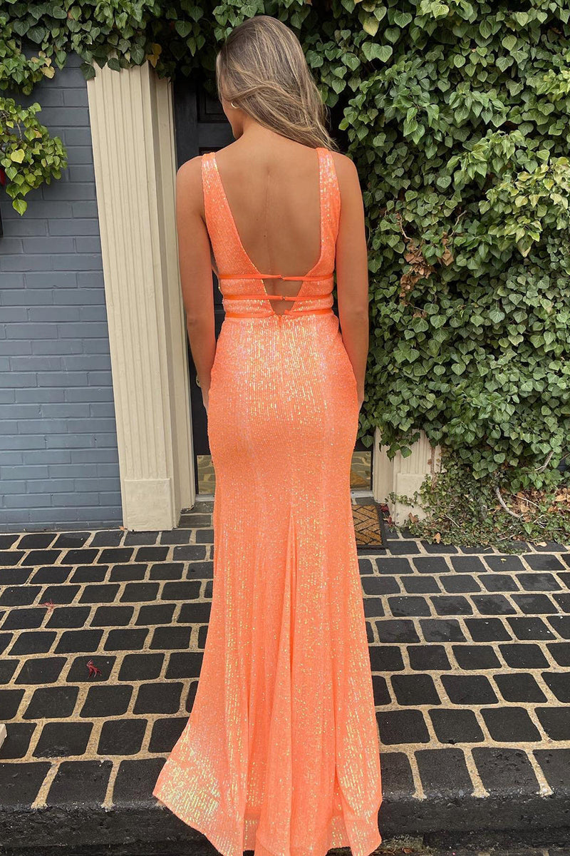 Queendancer Women Orange Sequins Long Prom Dress Sheath Deep V Neck