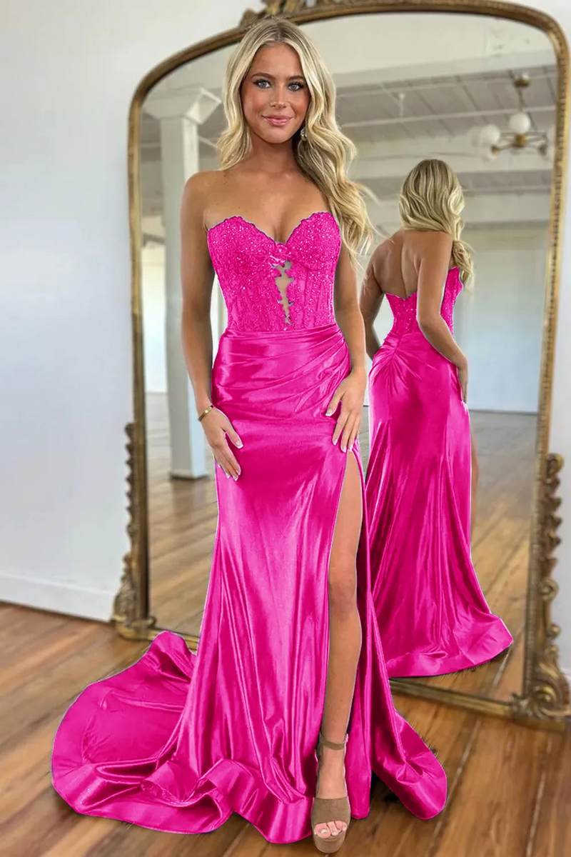 Queendancer Women Fuchsia Long Prom Dress with Slit Mermaid Satin ...