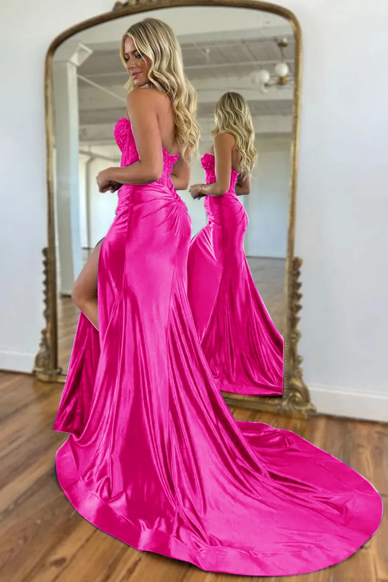 Queendancer Women Fuchsia Long Prom Dress with Slit Mermaid Satin ...