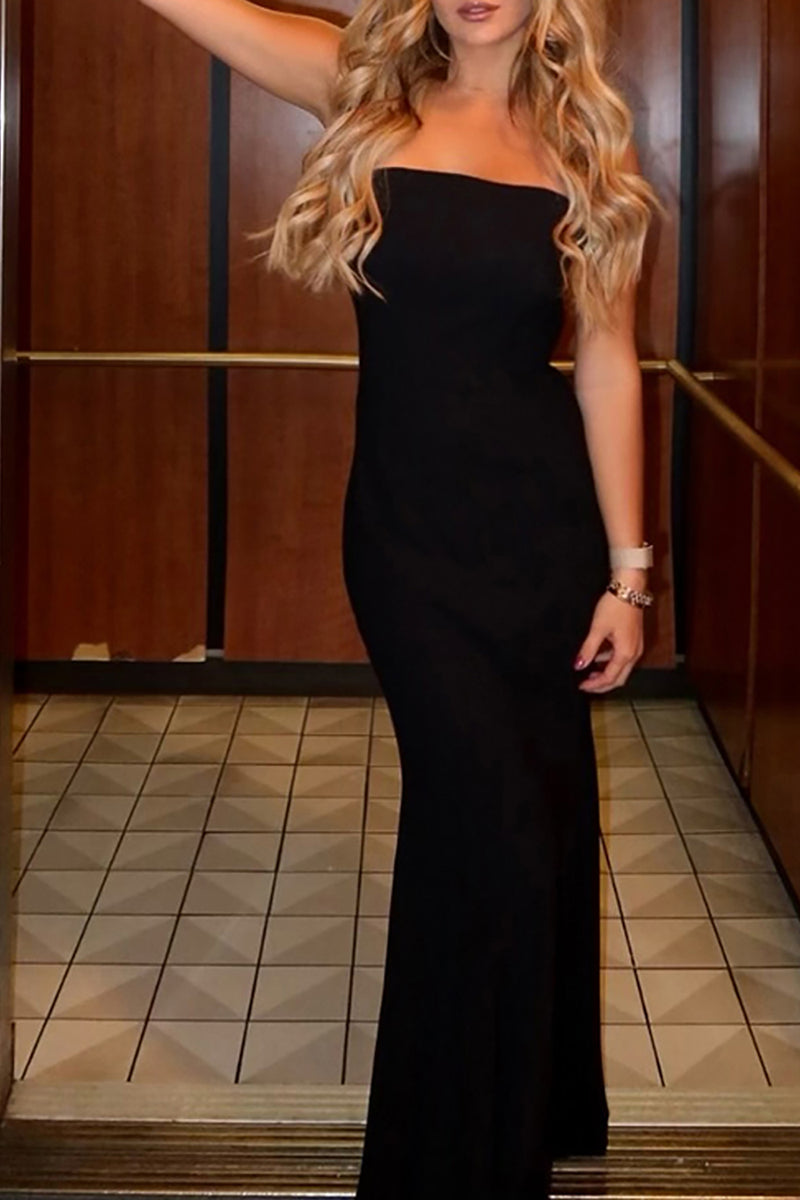 Queendancer Women Simple Black Long Prom Dress Sheath Strapless Going ...