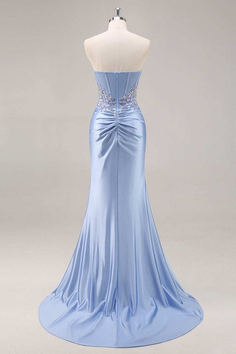 Queendancer Women Saprkly Blue Satin Corset Maxi Prom Dress with Slit ...