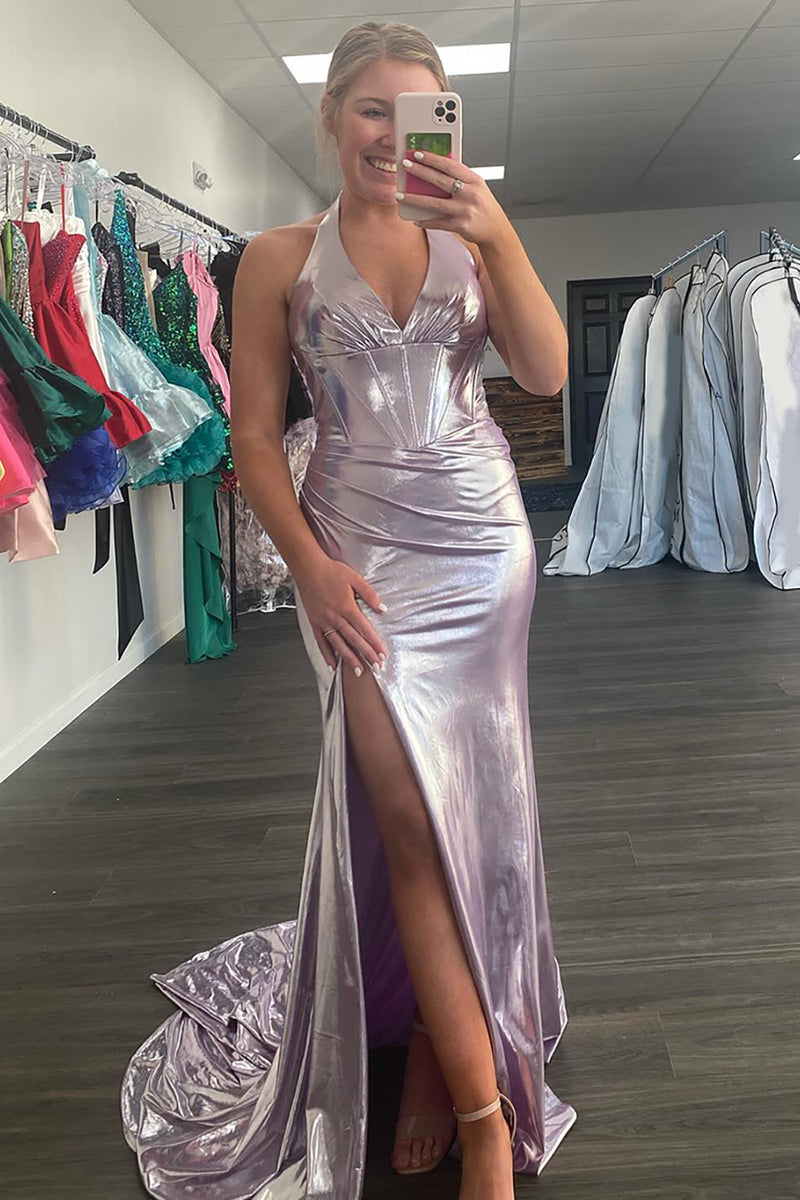 Queendancer Women Light Pink Long Prom Dress with Slit Metallic Halter ...