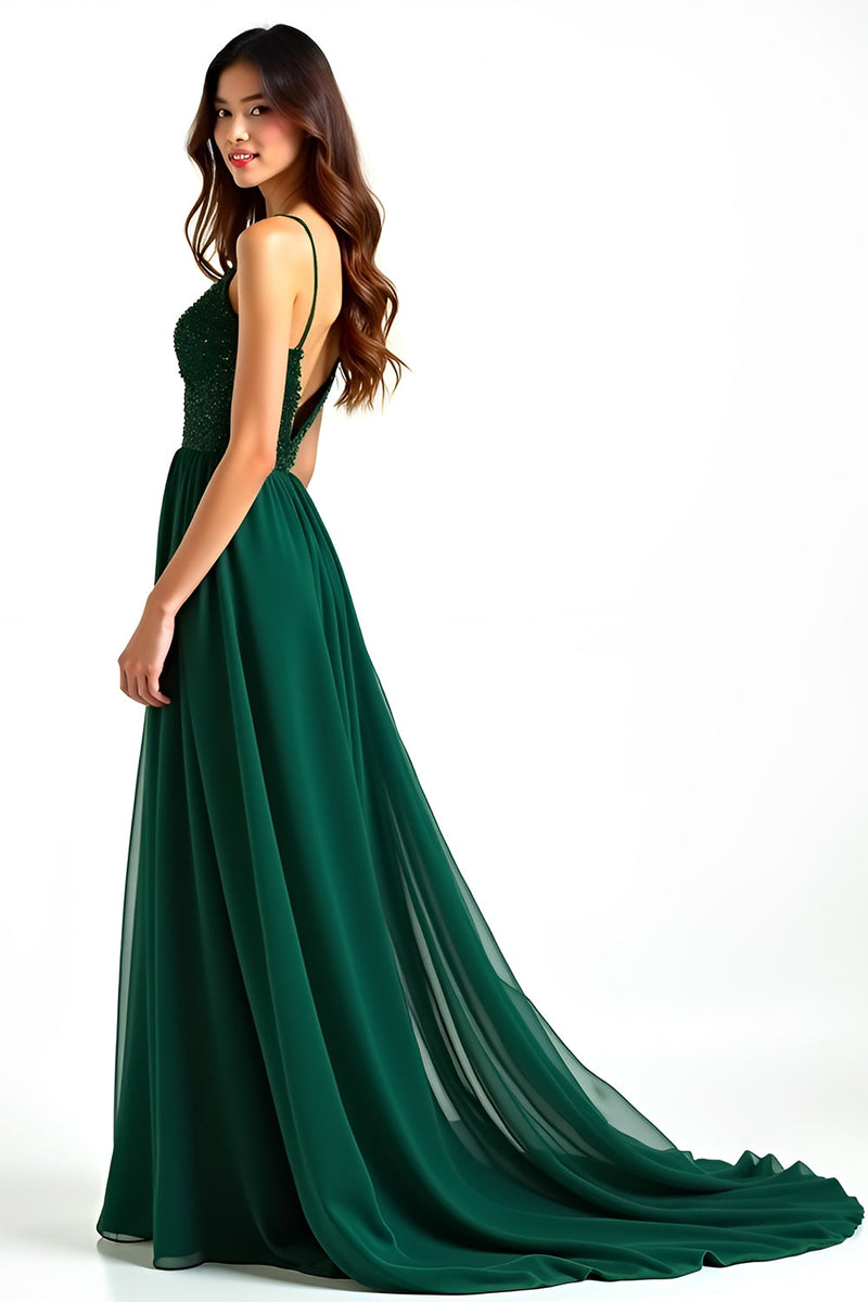 Queendancer Women Dark Green A Line Spaghetti Straps Prom Dress with ...