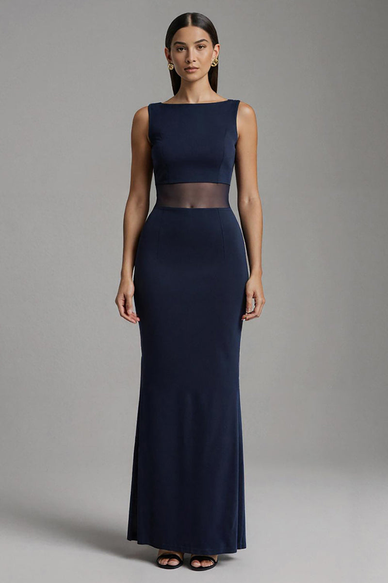 Queendancer Women Simple Navy Satin Long Formal Dress Mermaid Boat Neck ...