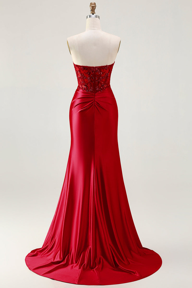 Queendancer Women Sparkly Red Corset Long Prom Dress with Slit Mermaid ...