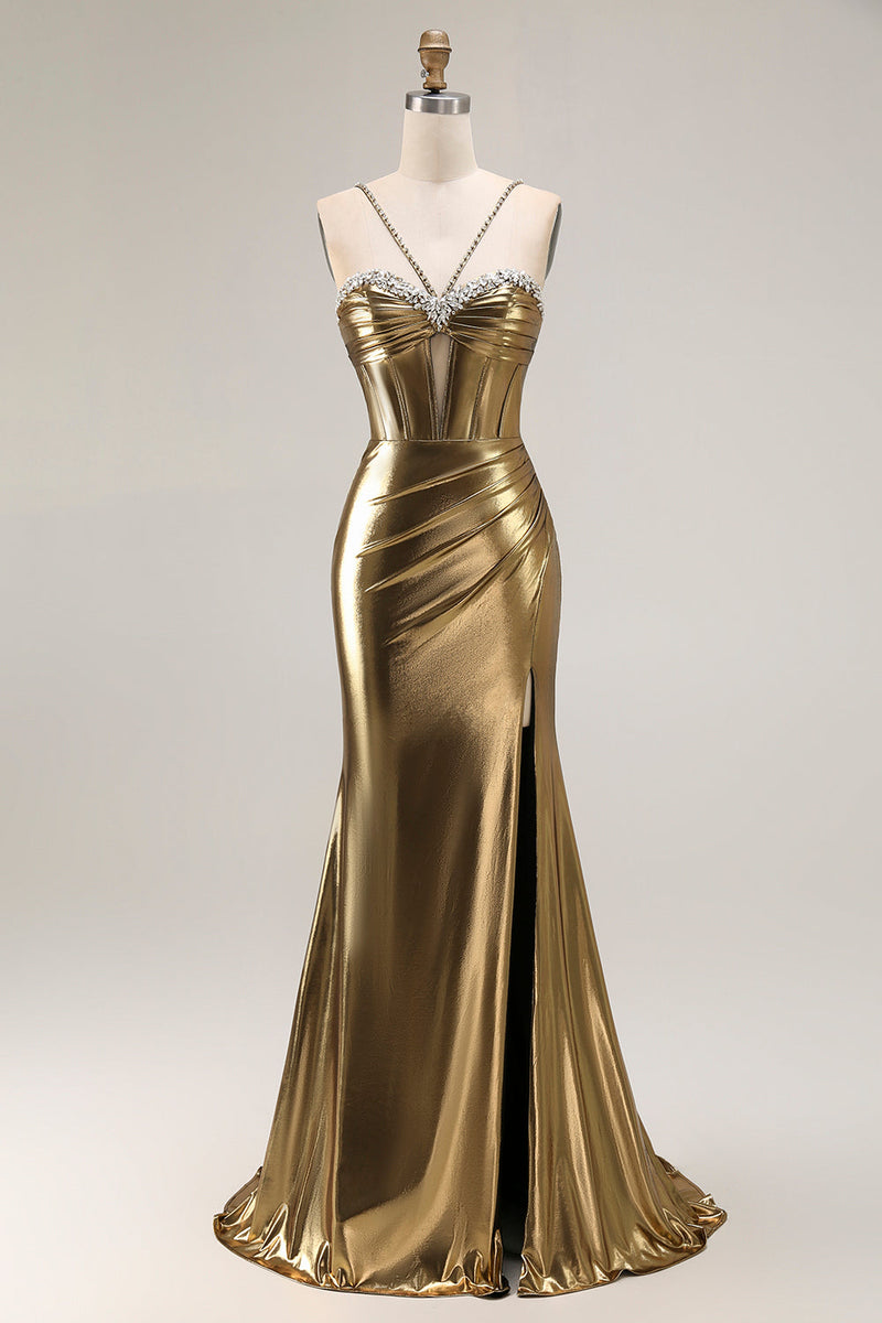 Queendancer Women Sparkly Golden Metallic Long Corset Prom Dress with ...