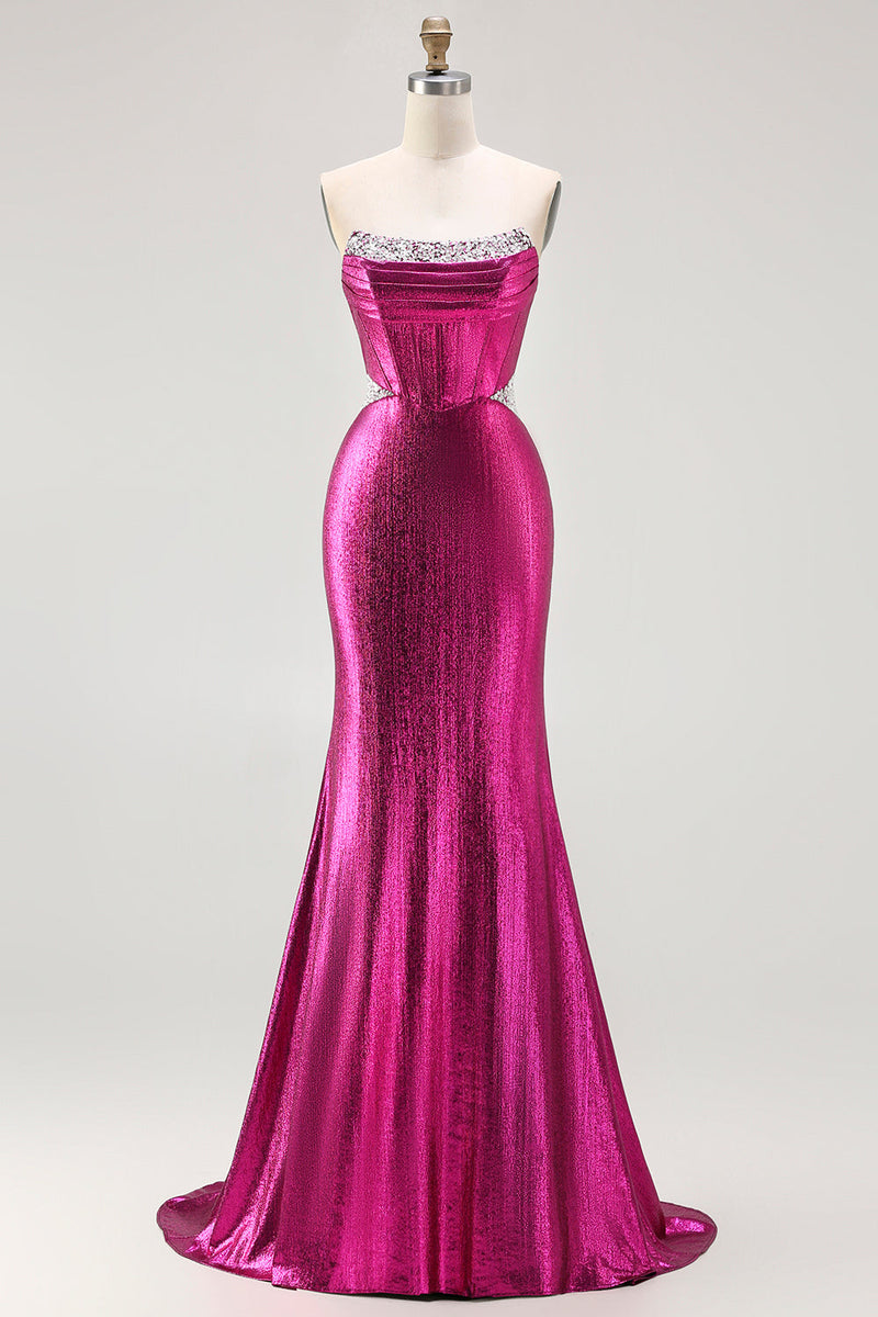 Queendancer Women Sparkly Fuchsia Long Corset Prom Dress Strapless ...