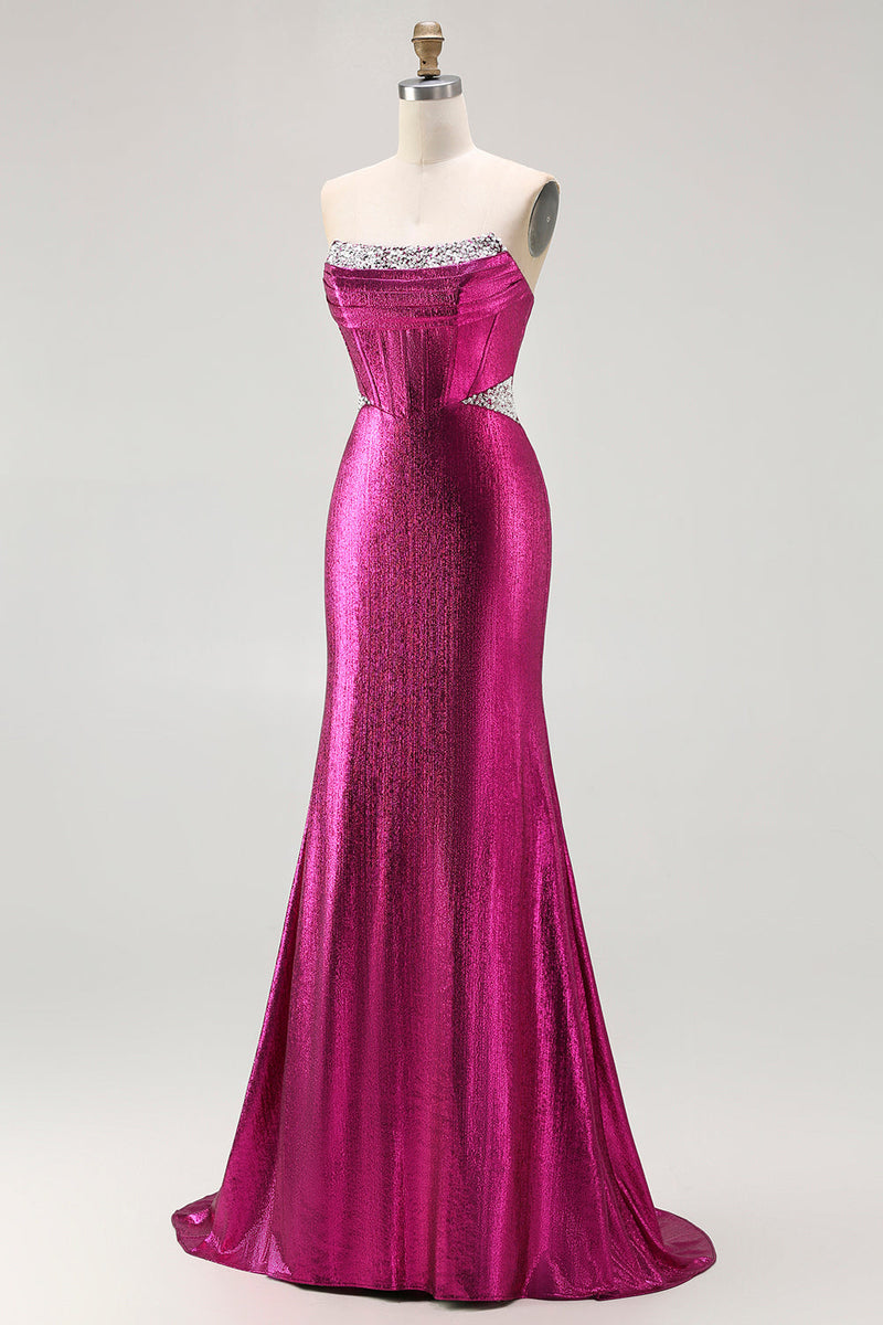 Queendancer Women Sparkly Fuchsia Long Corset Prom Dress Strapless ...