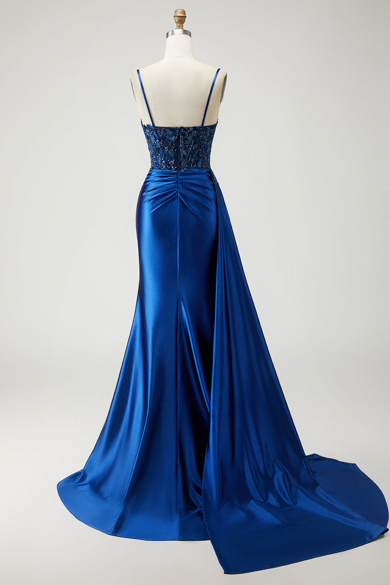 Queendancer Women Sparkly Navy Beaded Maxi Prom Dress with Slit ...