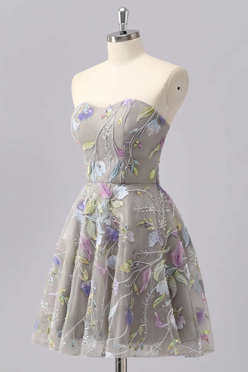 Queendancer Women Sparkly Grey Short Floral Prom Dress with Beading A ...