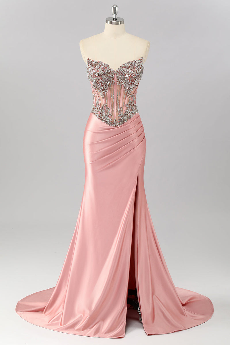 Queendancer Women Sparkly Blush Long Corset Prom Dress with Slit Satin ...