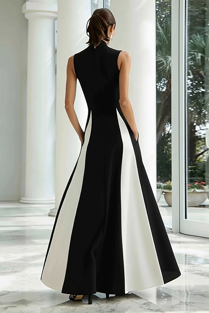 Queendancer Women Black and White Satin Long Formal Dress with Pockets ...
