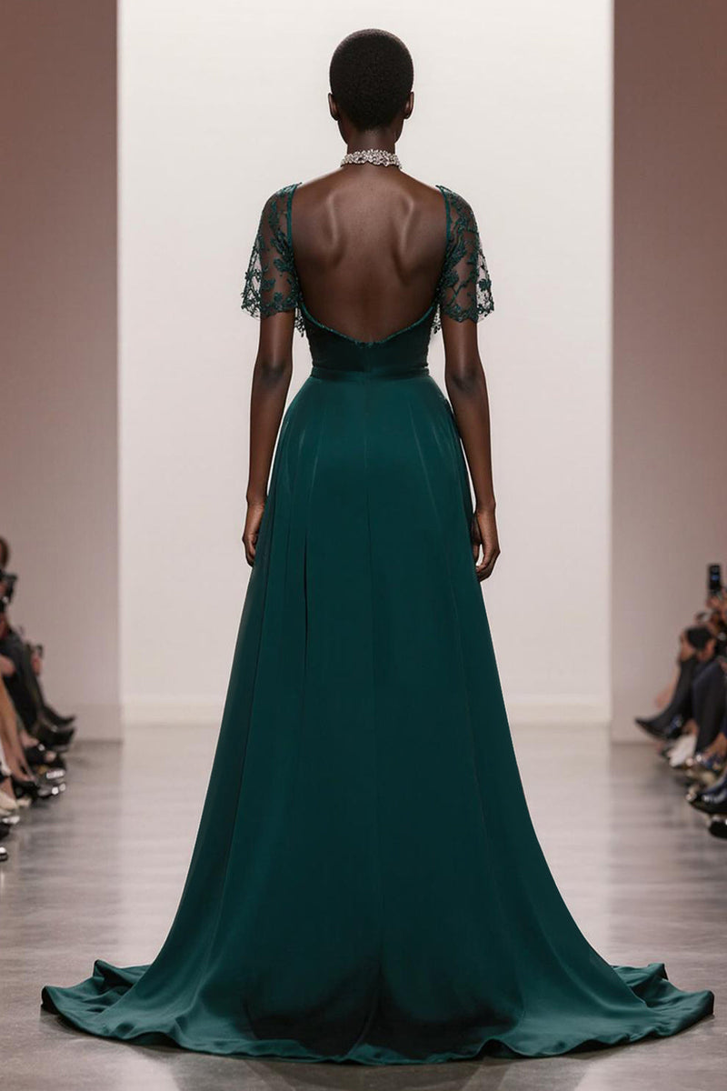 Queendancer Women Dark Green Satin Long Formal Dress with Sleeves ...
