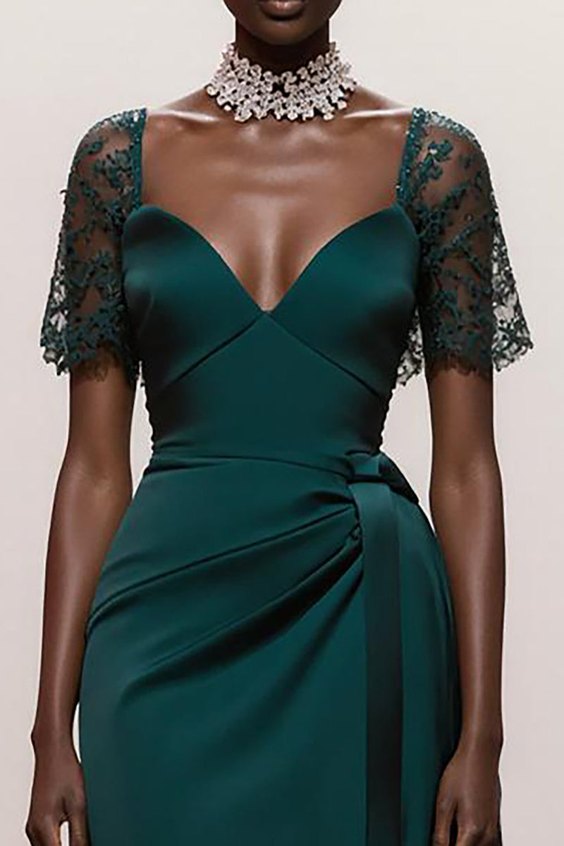 Queendancer Women Dark Green Satin Long Formal Dress with Sleeves ...