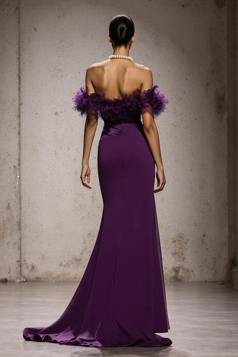 Queendancer Women Purple Satin Long Formal Dress with Feathers Mermaid ...