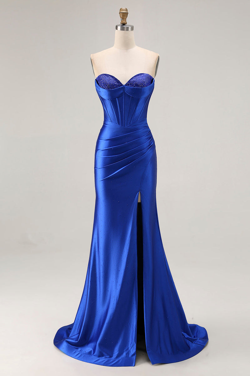 Queendancer Women Sparkly Royal Blue Corset Long Prom Dress with Slit ...
