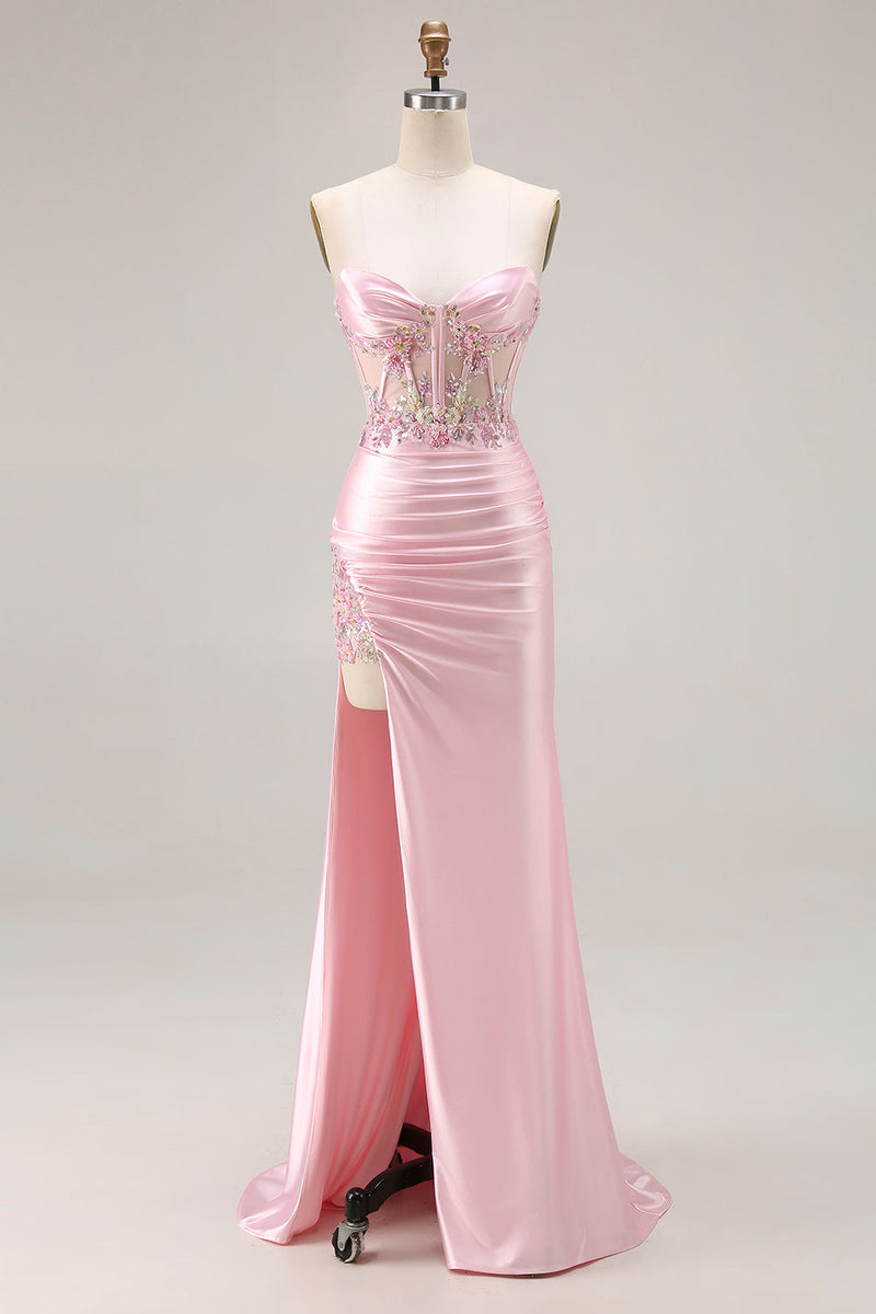 Queendancer Women Sparkly Pink Floral Long Corset Prom Dress with Slit ...