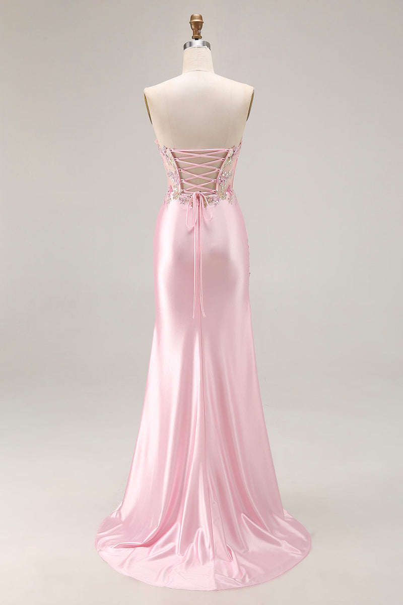 Queendancer Women Sparkly Pink Floral Long Corset Prom Dress with Slit ...
