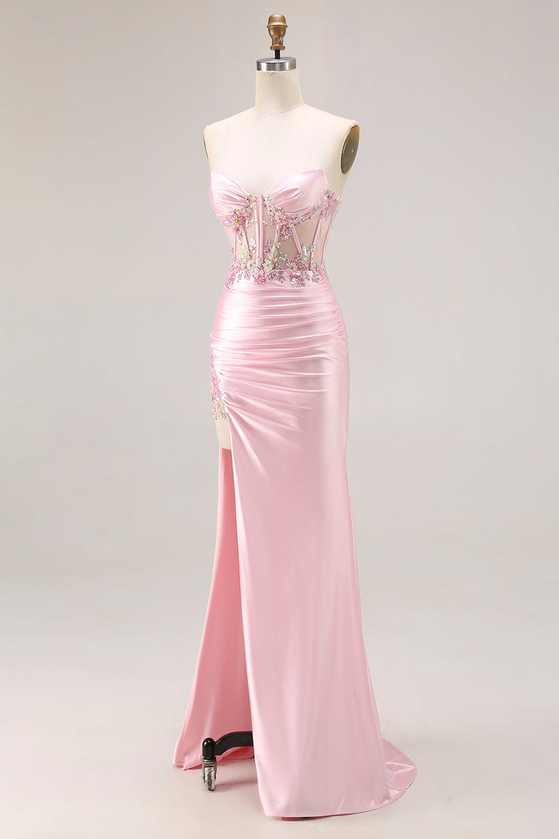 Queendancer Women Sparkly Pink Floral Long Corset Prom Dress with Slit ...