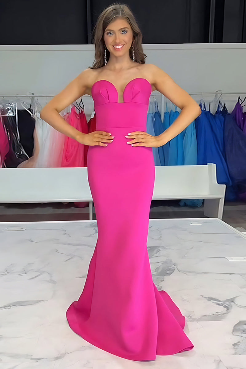 Queendancer Women Fuchsia Long Prom Dress Satin Mermaid Sweetheart ...