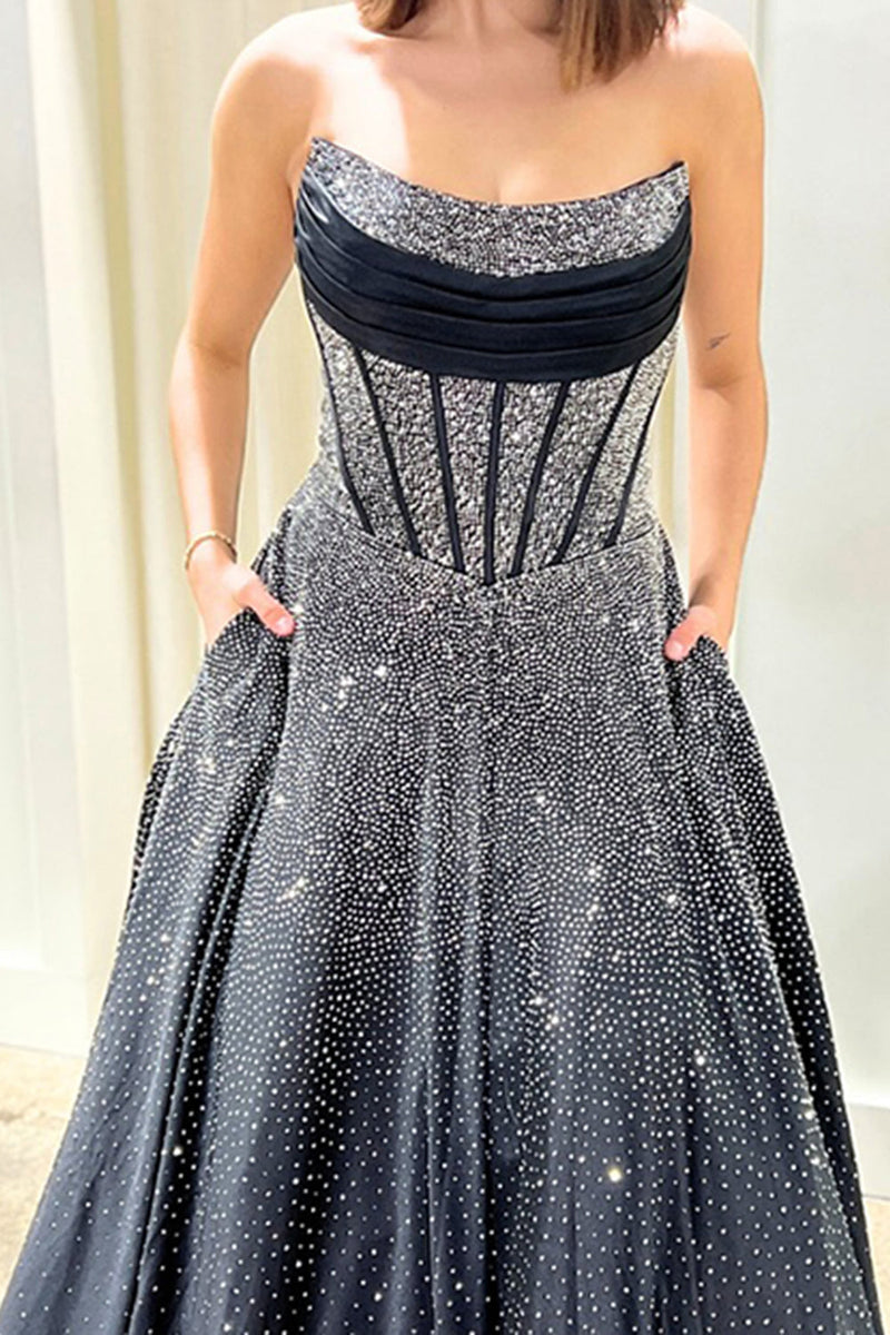 Queendancer Women Sparkly Black Corset Long Prom Dress with Beading ...