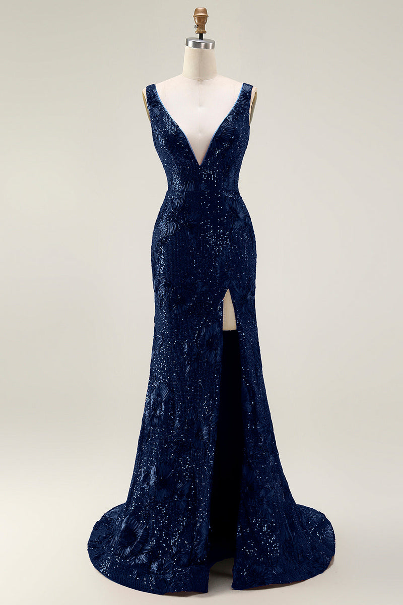 Queendancer Women Sparkly Navy Sequin Long Prom Dress with Slit Mermaid ...