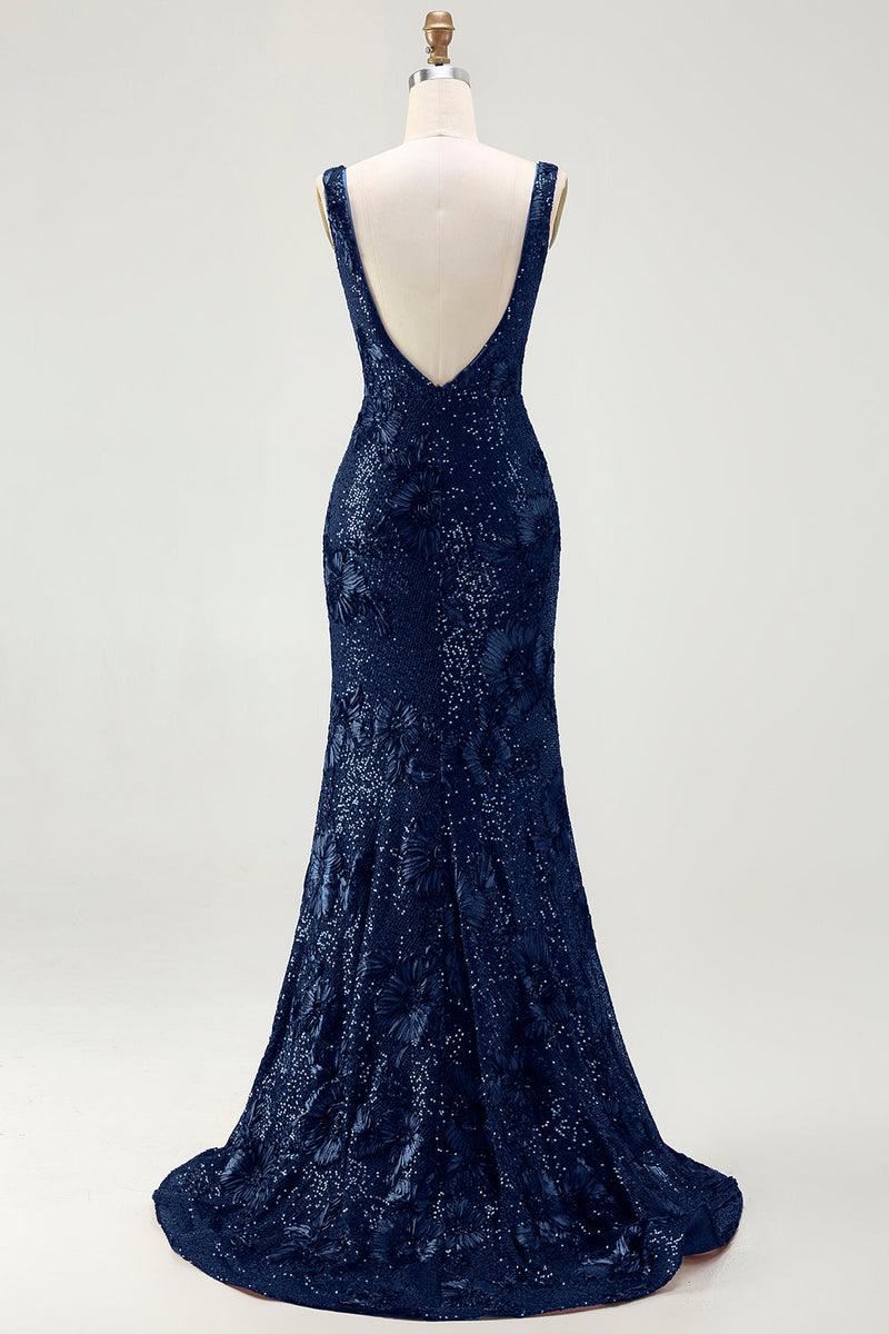 Queendancer Women Sparkly Navy Sequin Long Prom Dress with Slit Mermaid ...