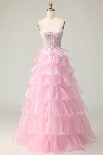 Queendancer UK Women Sparkly Pink Long Corset Prom Dress with Sequins ...