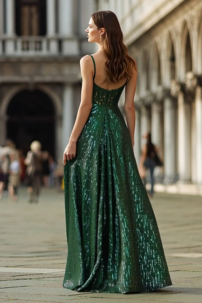 Queendancer Women Sparkly Dark Green Long Sequin Prom Dress A Line ...
