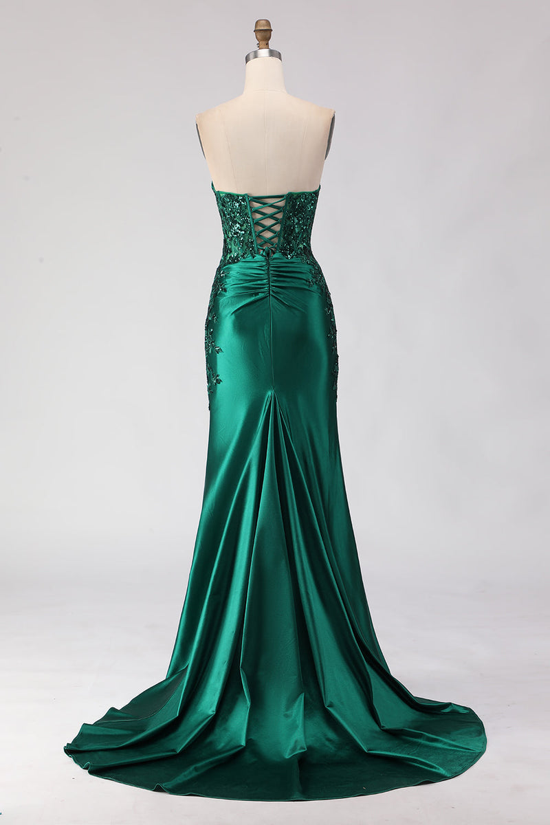 Queendancer Women Sparkly Dark Green Maxi Prom Dress with Slit Satin ...
