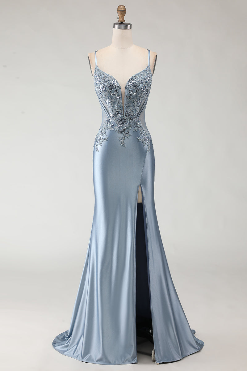 Queendancer Women Sparkly Grey Blue Long Mermaid Prom Dress with ...