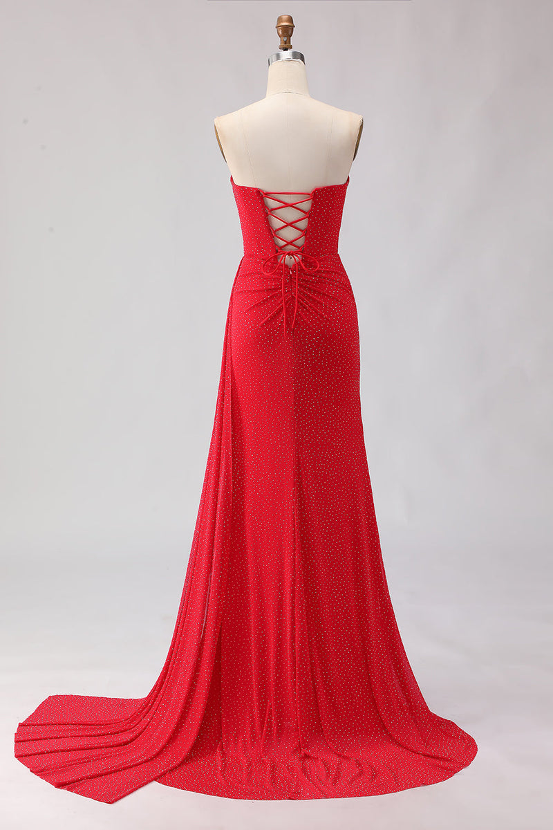 Queendancer Women Sparkly Red Maxi Prom Dress with Slit Satin Sheath ...