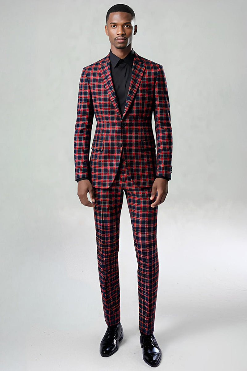 Queendancer Men 2 Piece Black and Red Grid Prom Suits Single Breasted ...