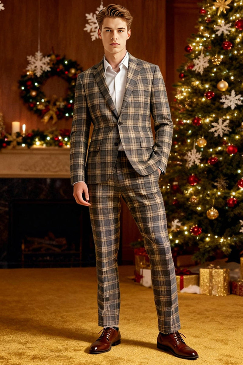 Queendancer Men 2 Piece Brown and Grey Grid Prom Suits Single Breasted ...