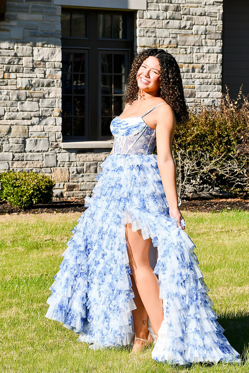 Queendancer Women White Blue Flower Maxi Prom Dress with Ruffles A Line ...
