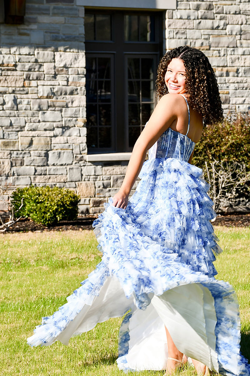 Queendancer Women White Blue Flower Maxi Prom Dress with Ruffles A Line ...