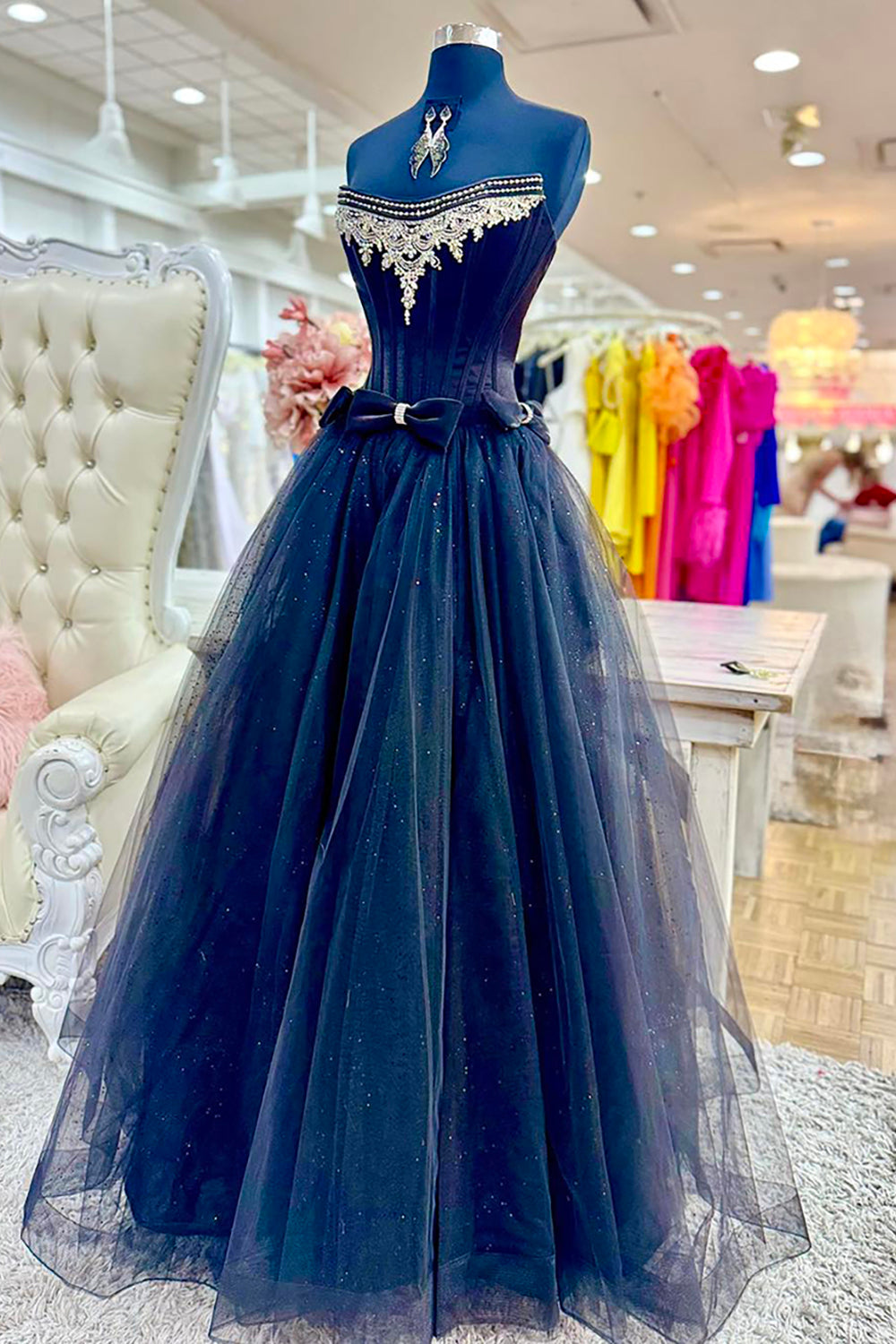Queendancer Women Sparkly Black A Line Corset Maxi Prom Dress with Bows ...
