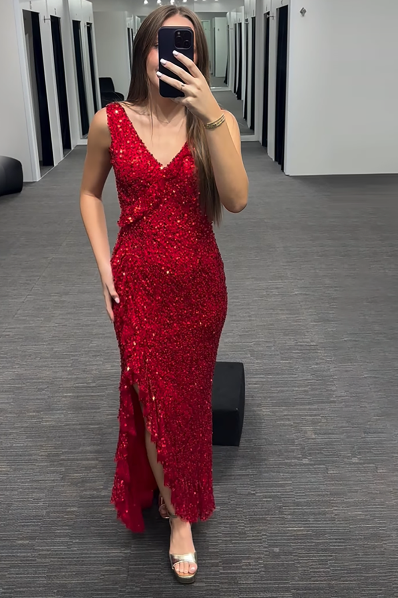 Queendancer Women Sparkly Red Maxi Prom Dress with Slit Thick Straps ...