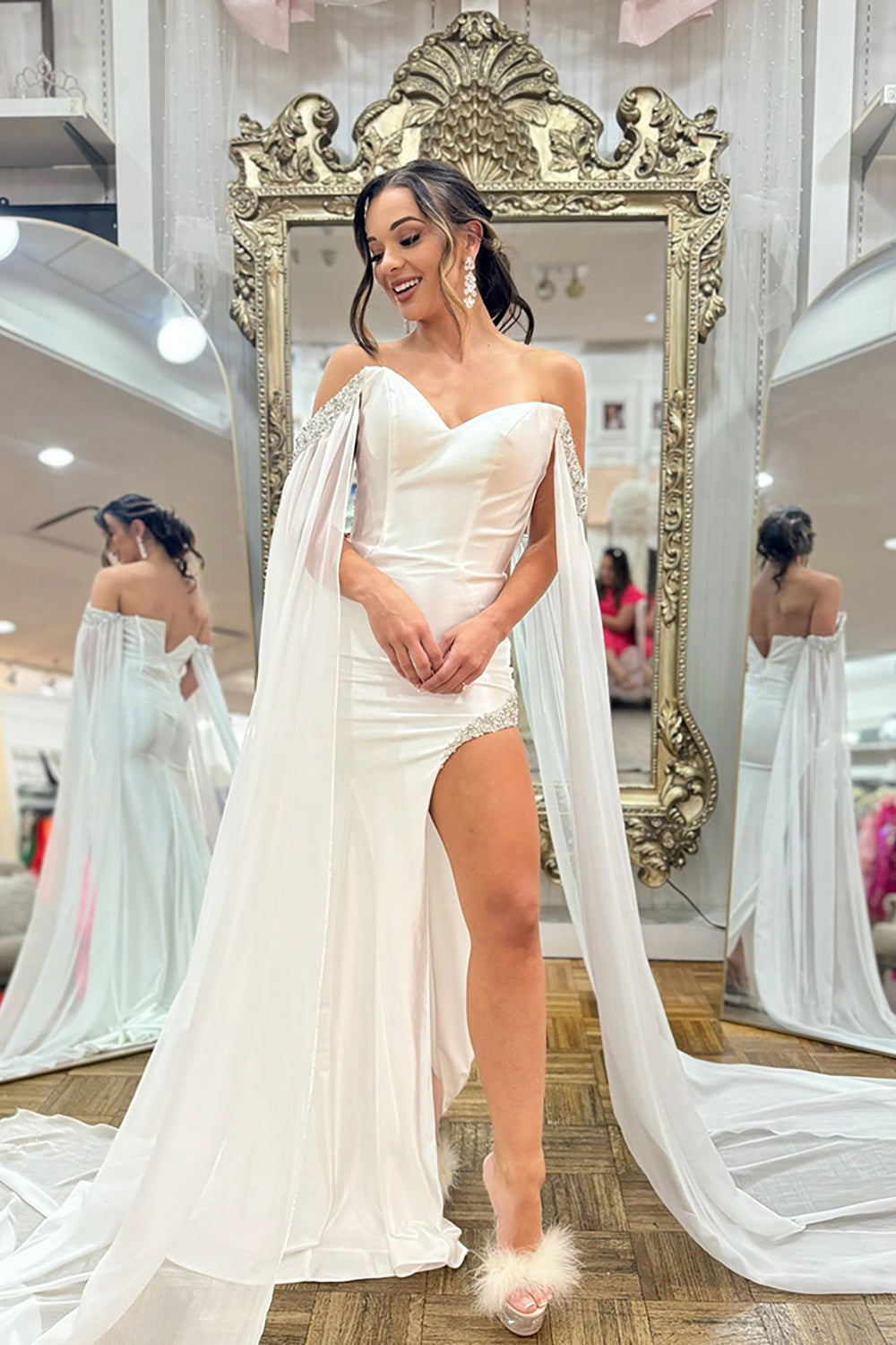 Queendancer Women Sparkly White Maxi Prom Dress with Cape Beaded Off ...