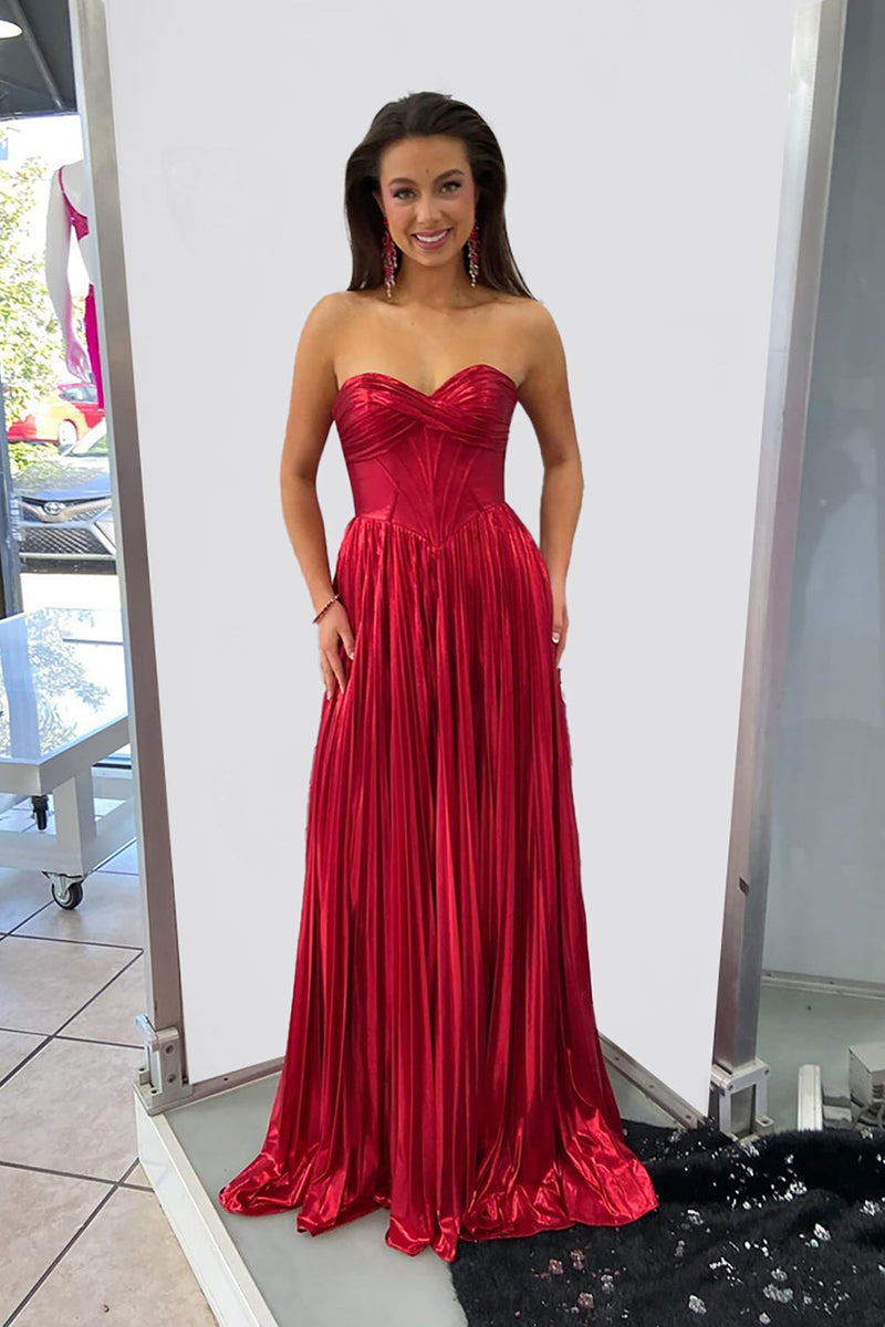 Queendancer Women Sparkly Red Metallic Maxi Prom Dress Strapless A Line ...