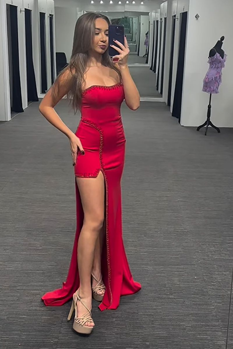 Queendancer Women Sparkly Red Maxi Prom Dress with Slit Mermaid ...