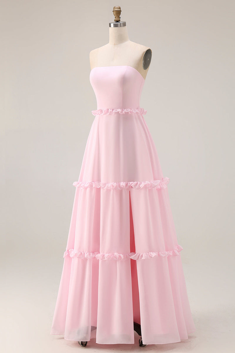Queendancer Women Blush Pink Chiffon Long Formal Dress with Slit ...