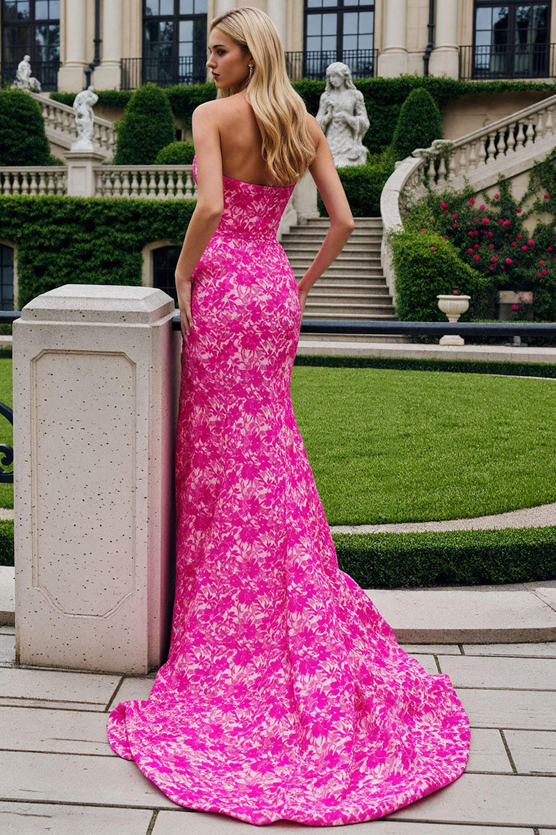 Queendancer Women Fuchsia Flower Long Prom Dress with Slit Strapless ...