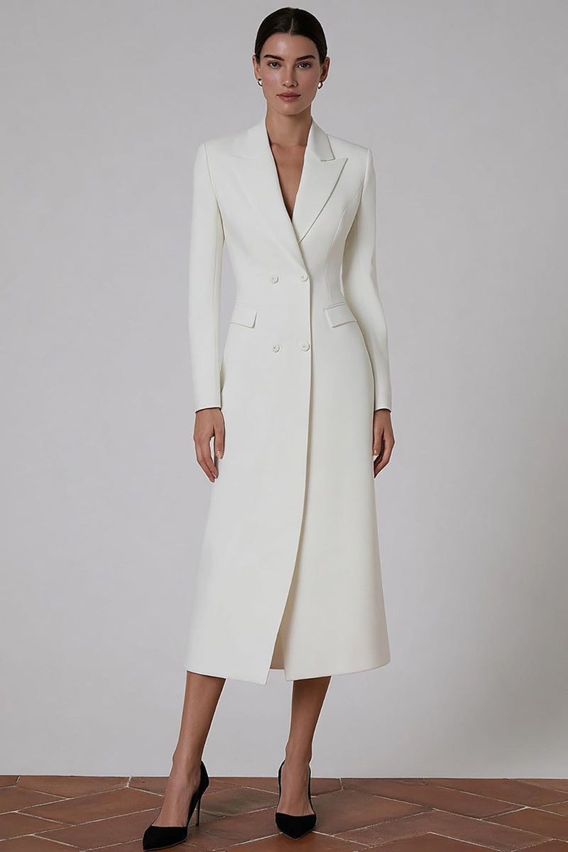 Queendancer Women Ivory Midi Blazer Dress Peak Lapel Sheath Double ...