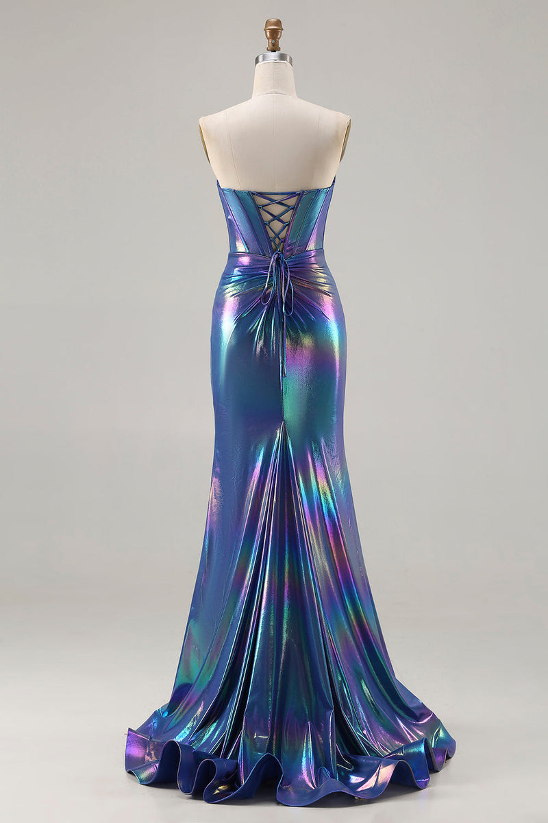 Queendancer Women Sparkly Navy Maxi Corset Prom Dress with Slit ...