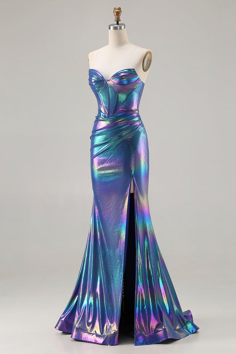Queendancer Women Sparkly Navy Maxi Corset Prom Dress with Slit ...