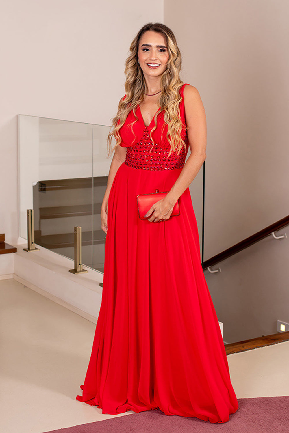Queendancer Women Red Maxi Prom Dress A-Line V-Neck Sleeveless Beading ...