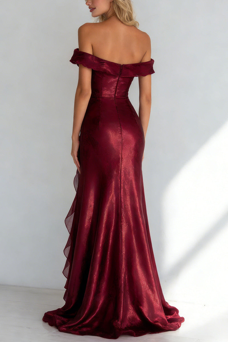 Queendancer Women Burgundy Long Satin Formal Dress with Ruffles Off the ...