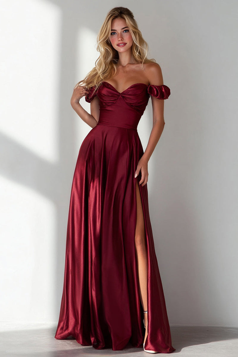 Queendancer Women Burgundy Long Satin Formal Dress with Slit A Line Off ...